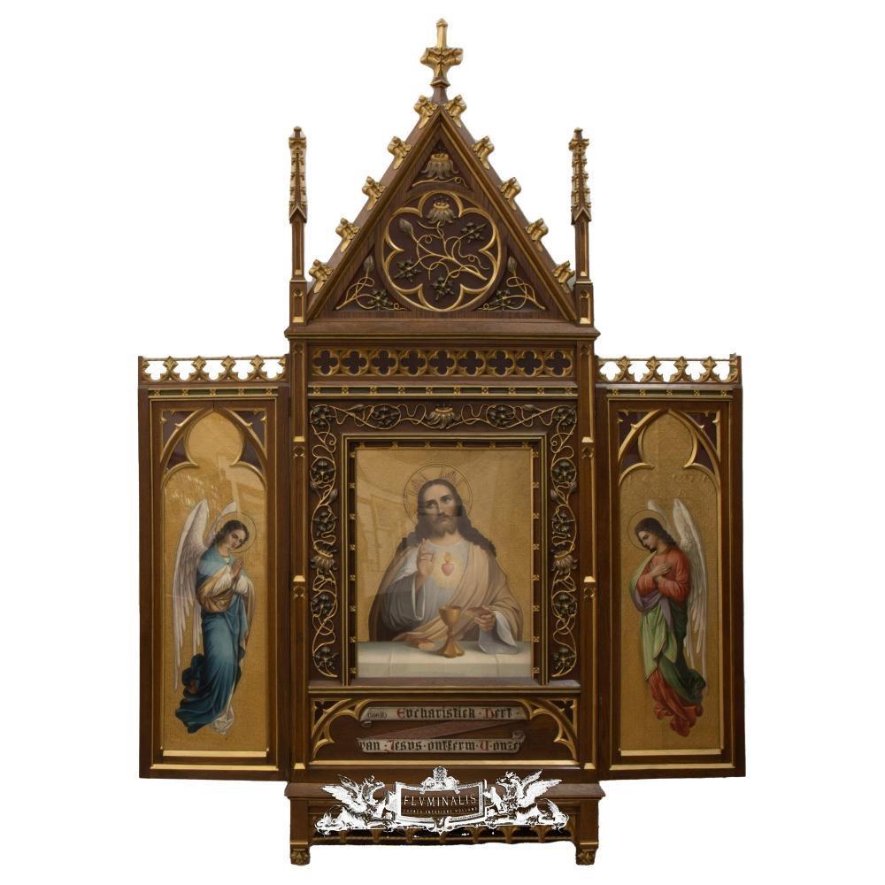 1 Gothic - style Neo-Gothic Triptych - Altarpiece, Oil On Canvas Marquetry On Panel Christ And ...